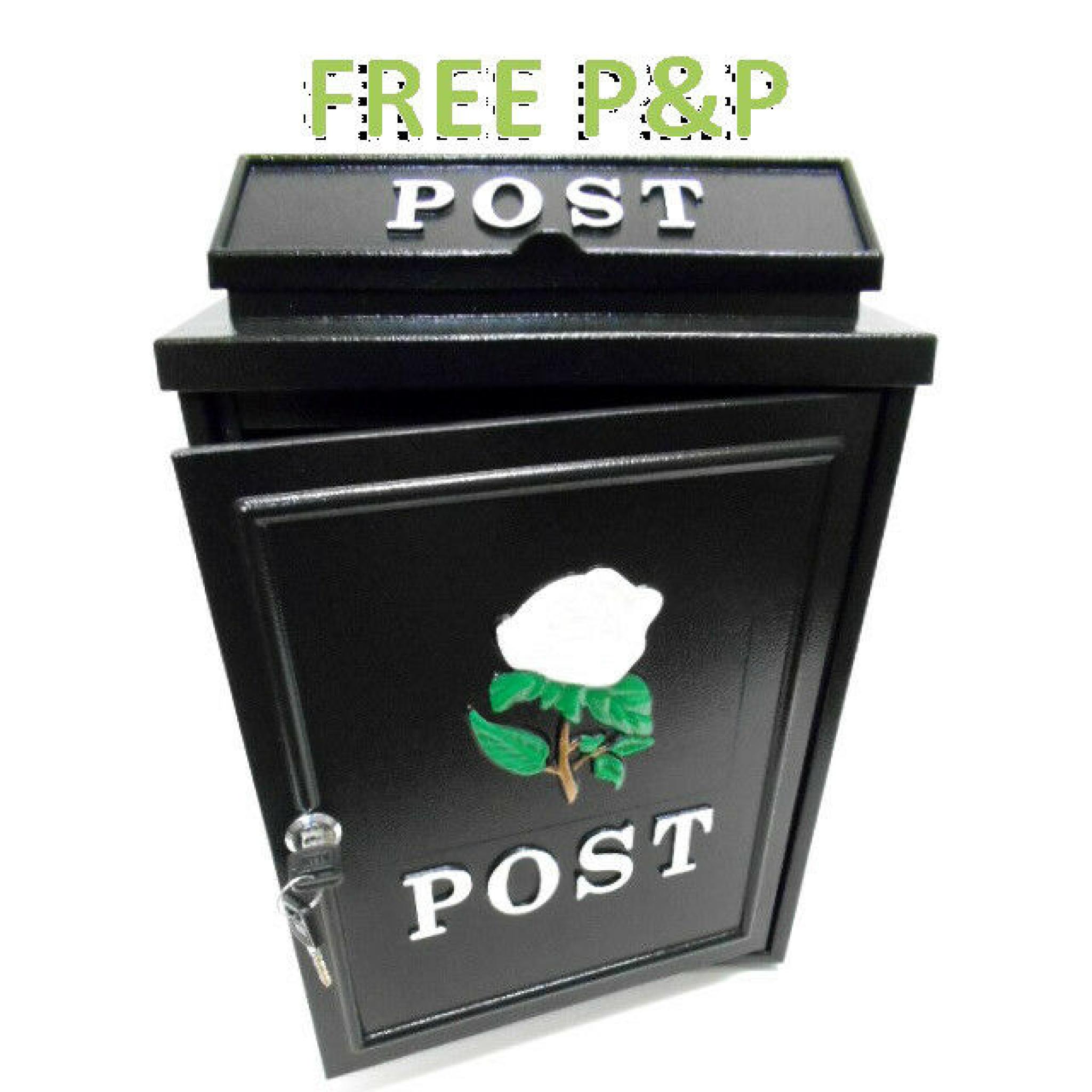 NEW WHITE ROSE Cast Aluminium Locking Metal Letter Post Box & Keys Hand ...
